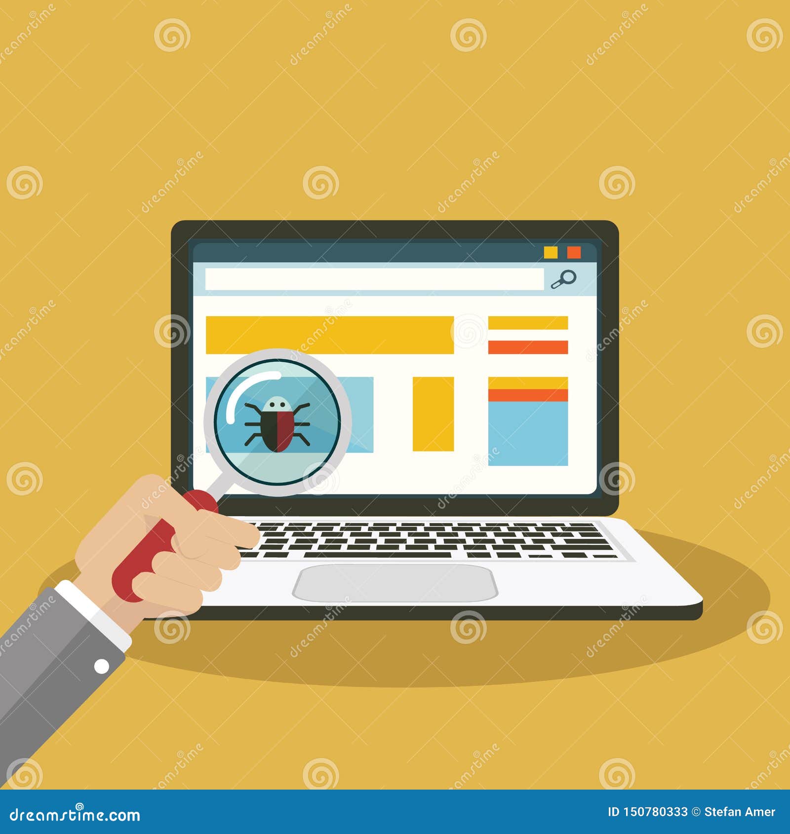 Searching for Bug, Virus Magnifying Glass with Laptop Stock ...