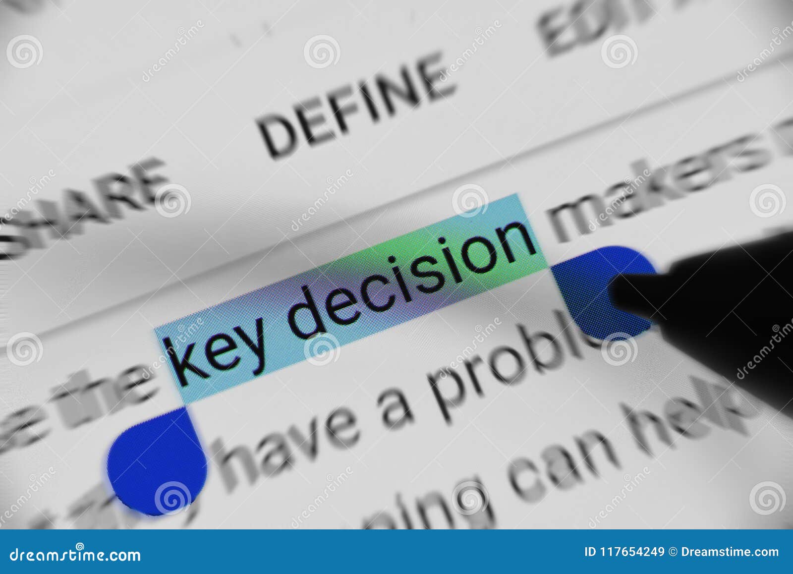 Word `Key Decision` Selected and Highlighted Digitally on Mobile ...
