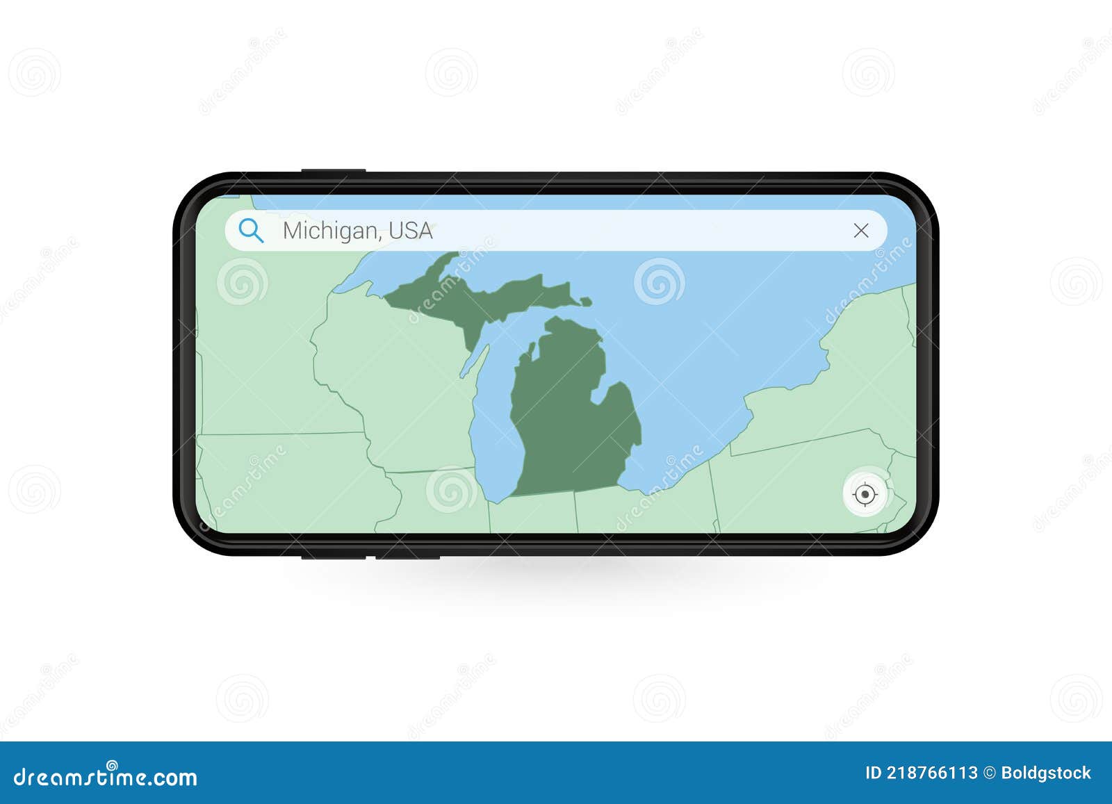 Searching Map of Michigan in Smartphone Map Application. Map of ...