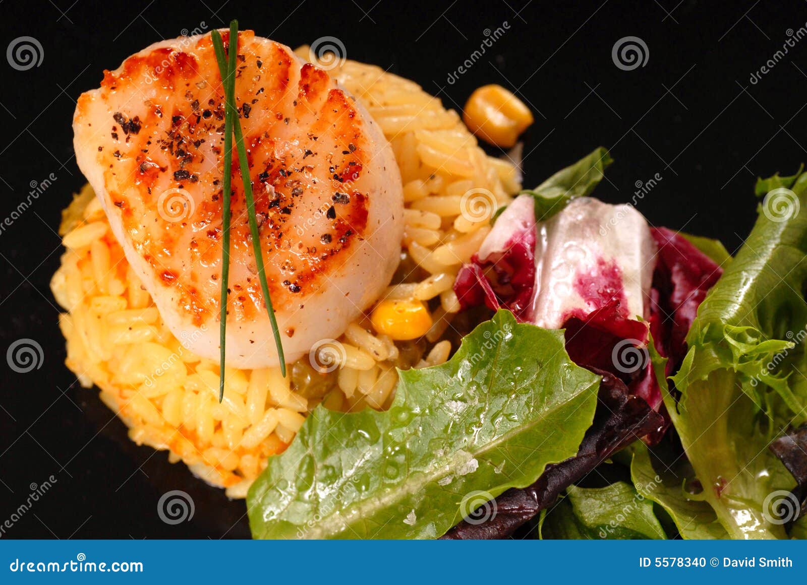 Seared Scallop on Saffron Rice with Salad Stock Photo - Image of plate ...