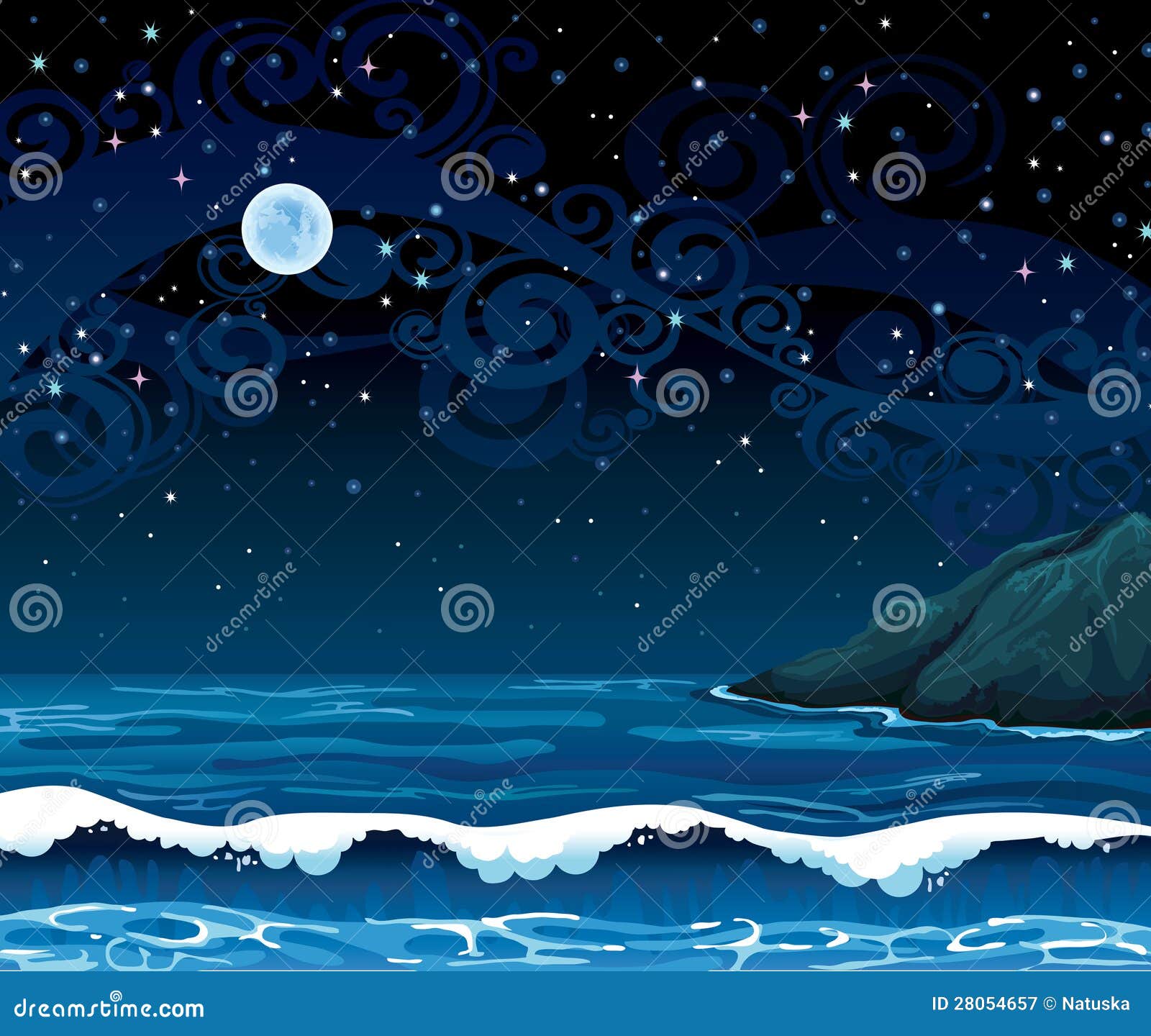 Seascape Da Noite Com Ondas, Ilha E Lua Cheia Ilustração Stock ...