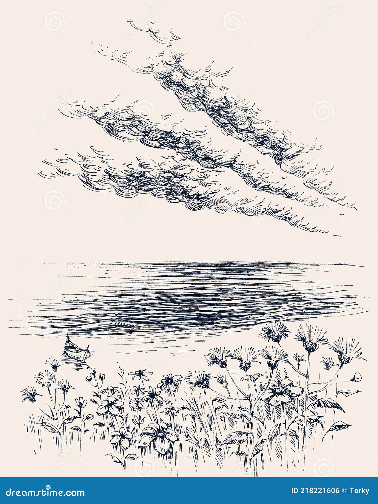 Seascape hand drawing stock vector. Illustration of drawn - 218221606