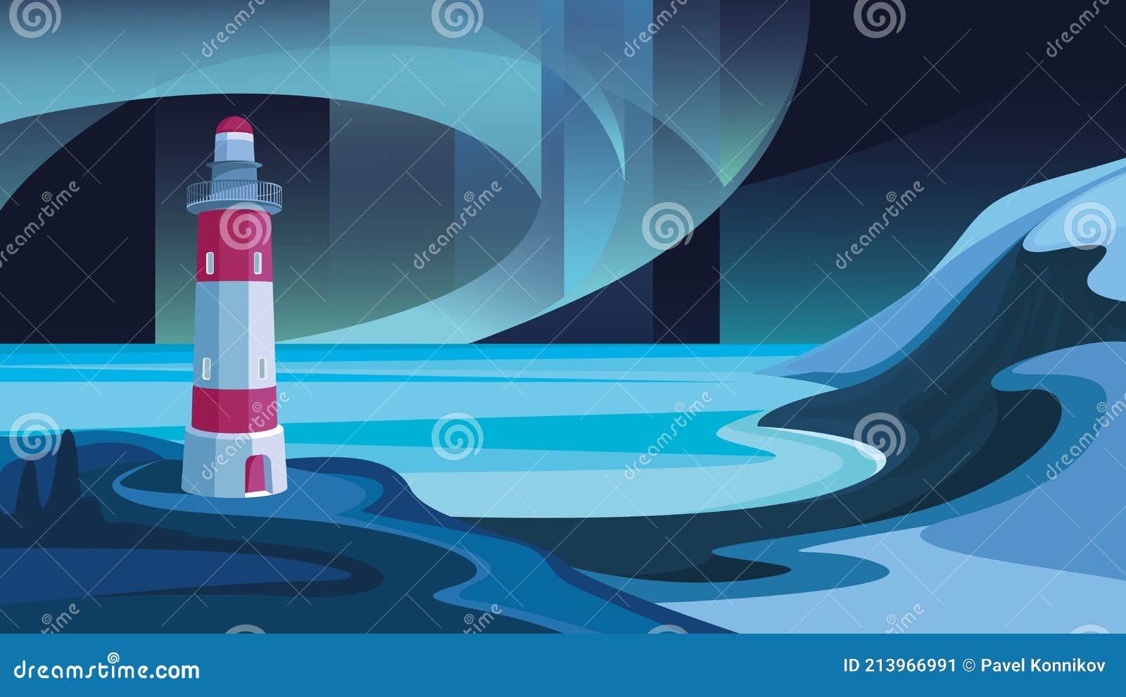 Lighthouse, Beautiful Beacon On The Cliff With Pines. Vector ...