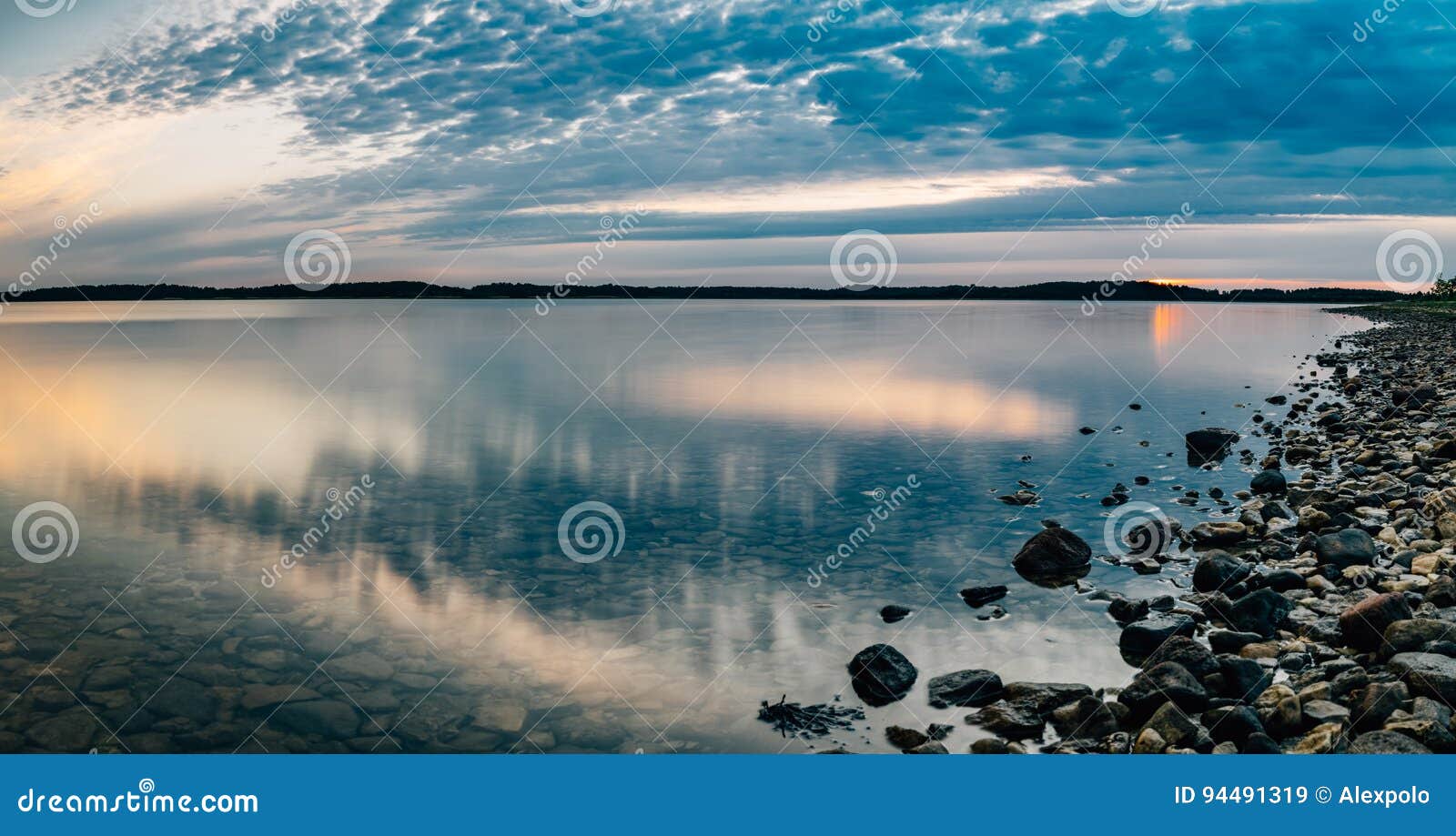 Seascape Panorama with Calm Water and Scenic Clouds Stock Image - Image ...