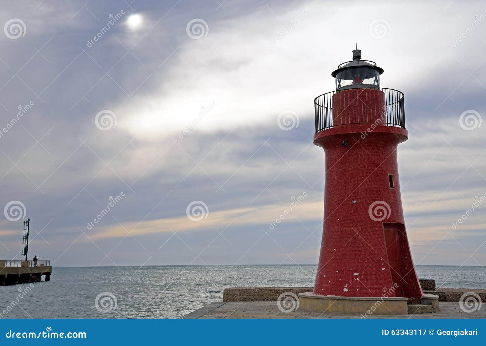 Seascape with Red Lighthouse Stock Image - Image of light, pier: 63343117