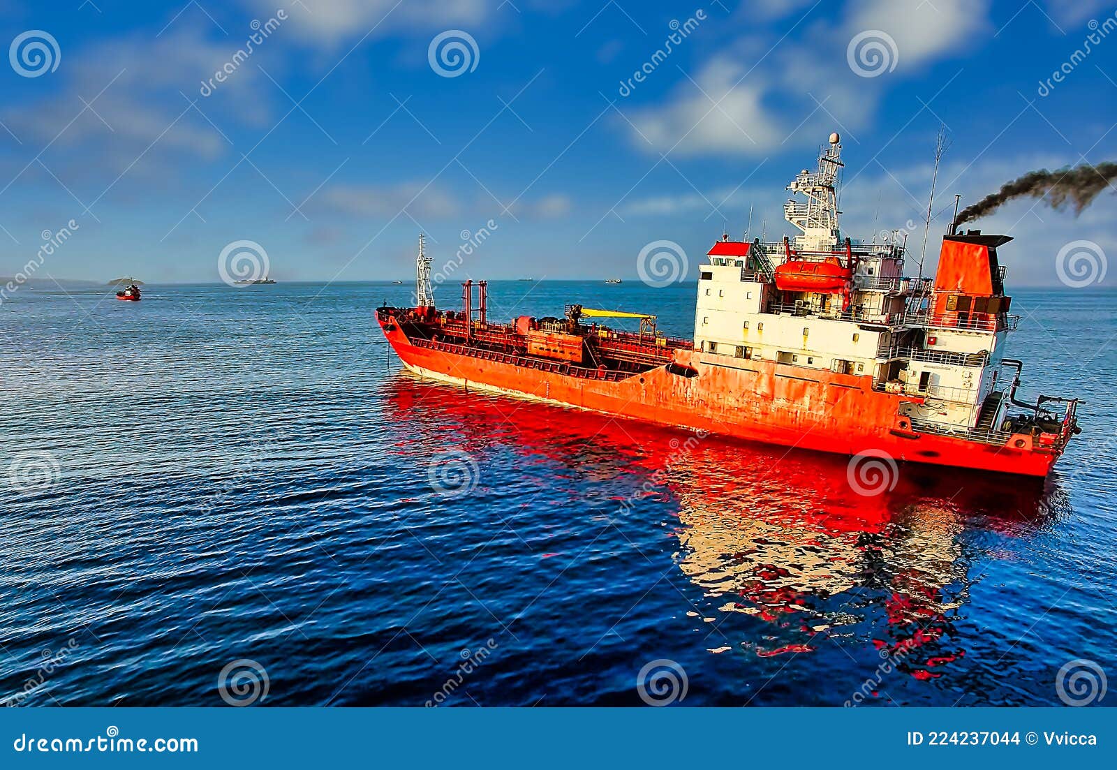 Seascape with a Red Ship on a Blue Sea Background Stock Photo - Image ...