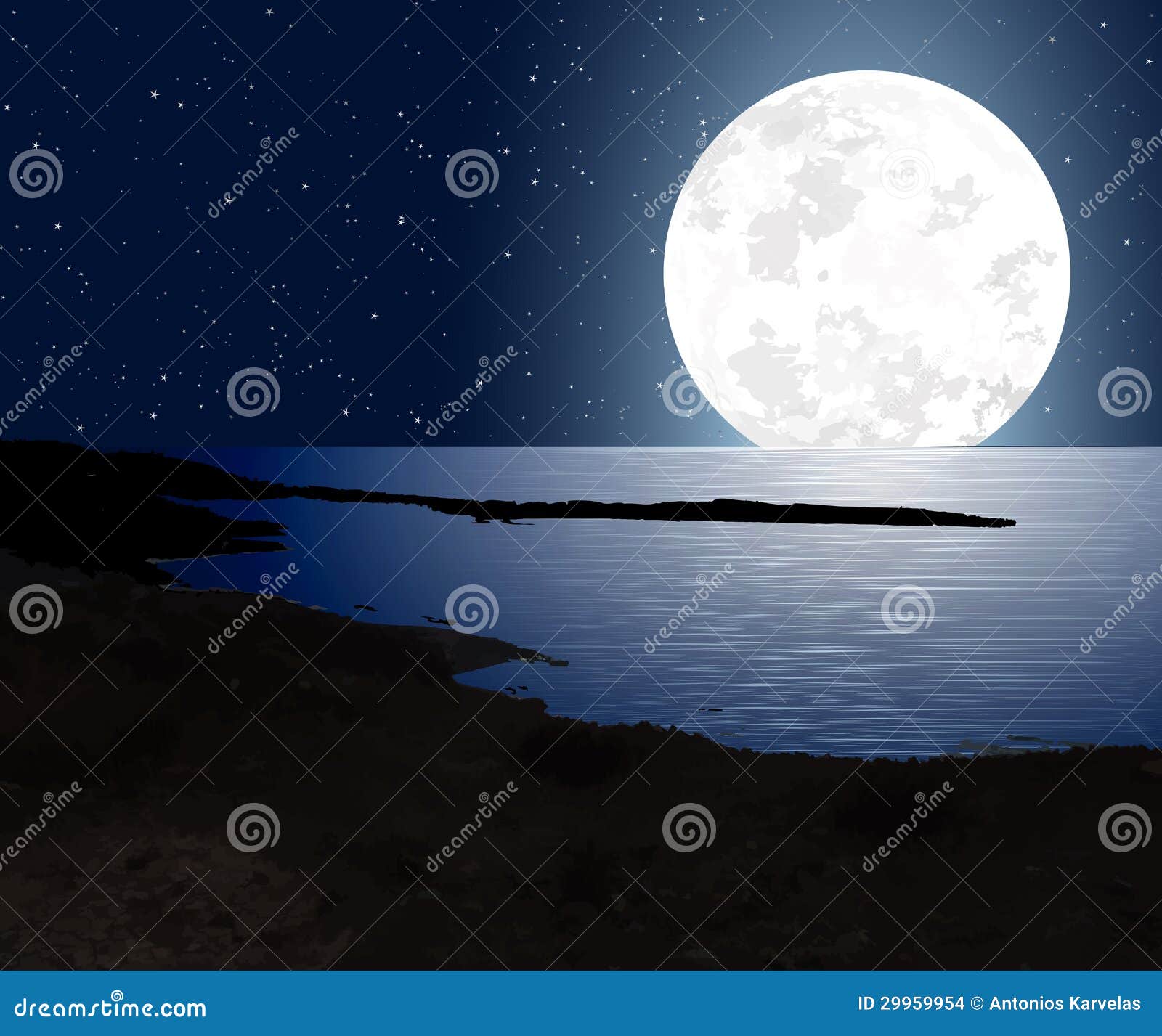 Moonlight with Full Moon and the Coast Stock Illustration ...