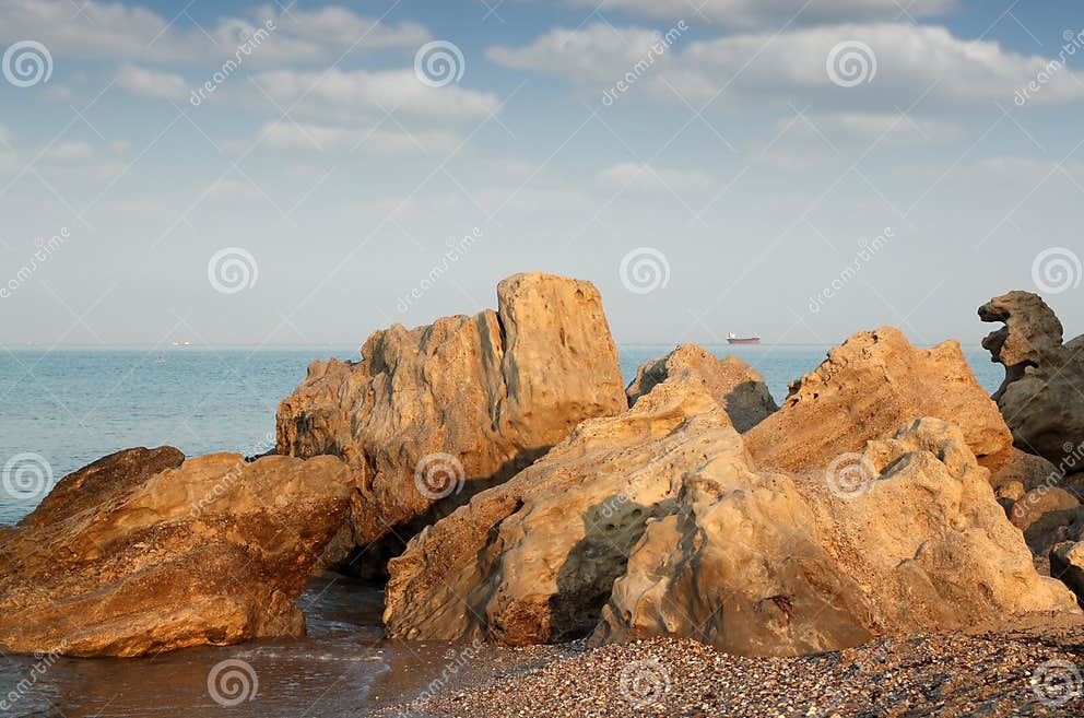 Seascape with rocks stock photo. Image of vessel, shore - 32146566