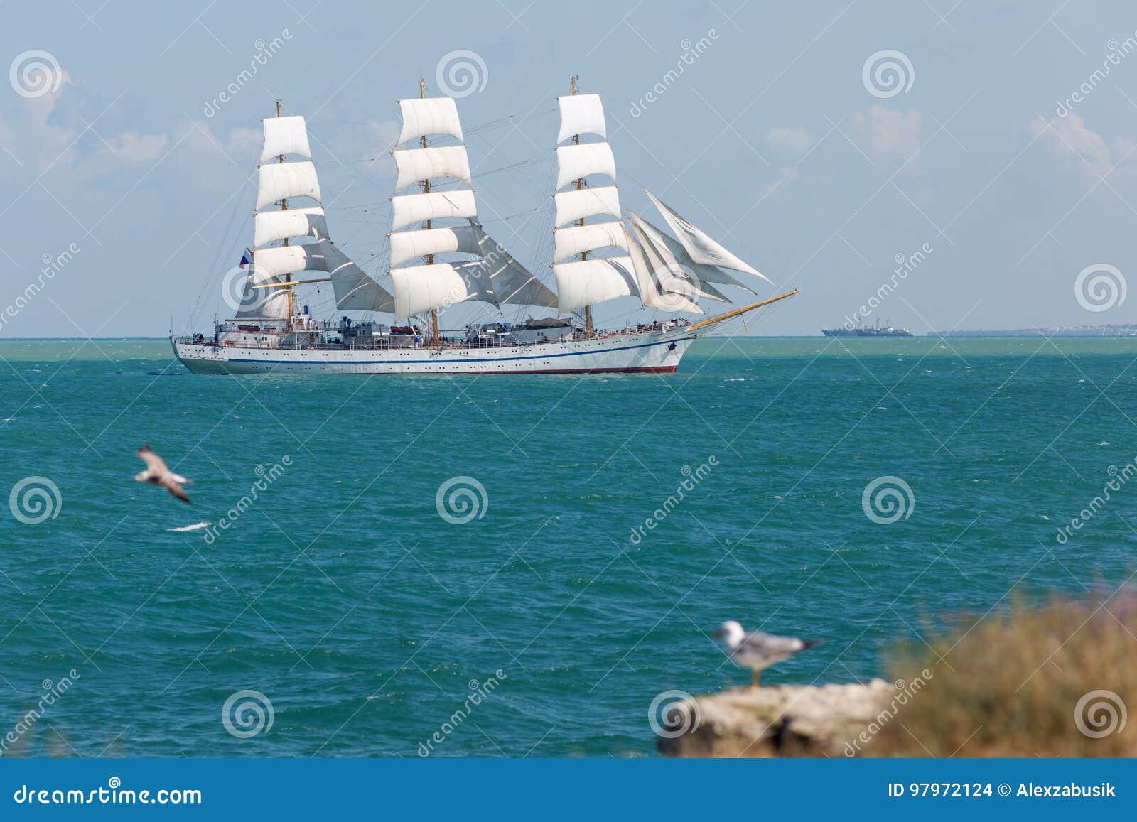 Seascape with sailing ship stock photo. Image of rocky - 97972124
