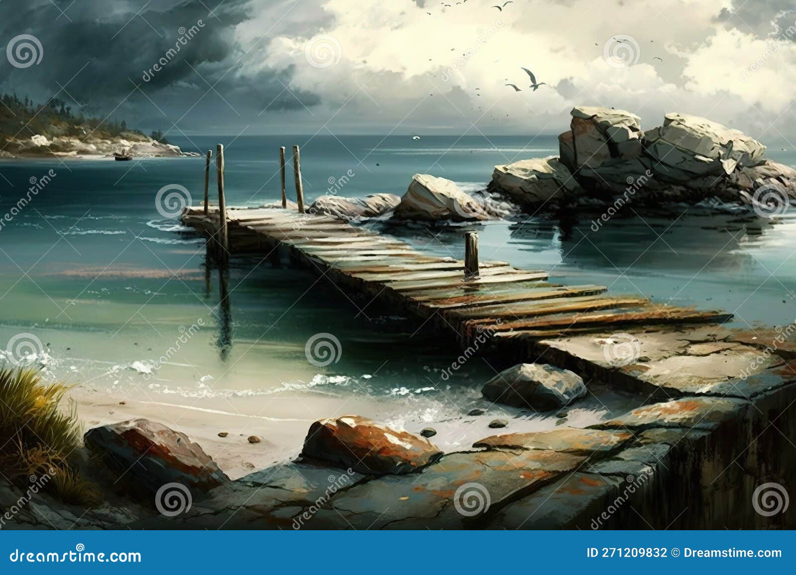 A Seascape a Small Jetty in Foreground Stock Illustration ...
