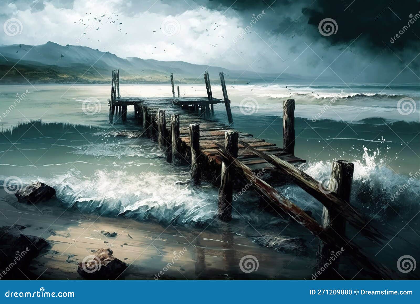 A Seascape a Small Jetty in Foreground Stock Illustration ...