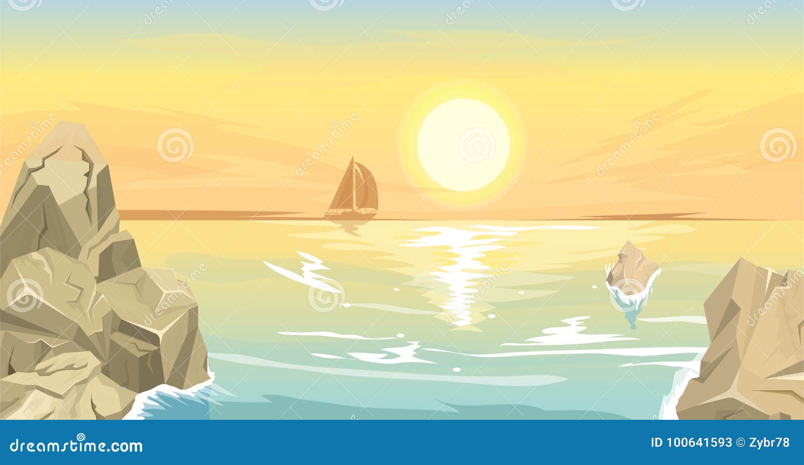 Seascape with sunset stock vector. Illustration of stones - 100641593