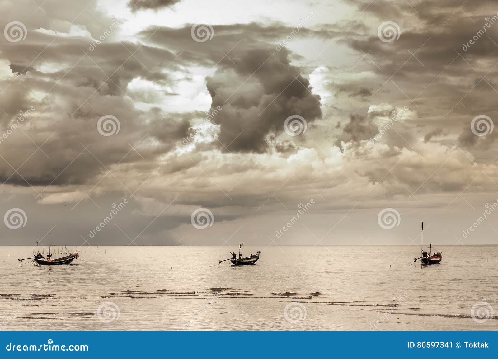 Seascape with Three Fishing Boat within the Storm Cloud Stock Image ...