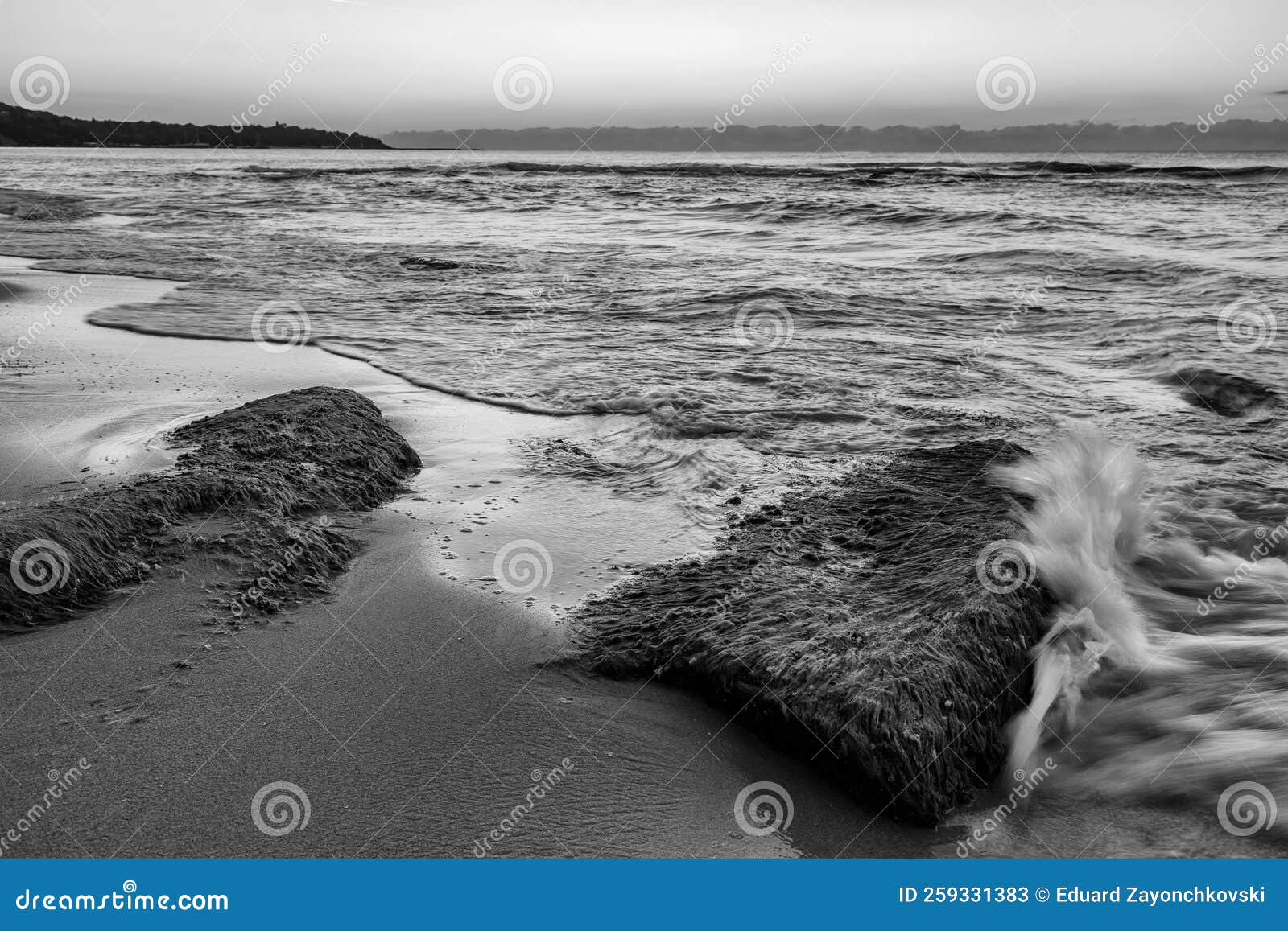 Seascape View with Rocks with Moss and Small Wave Splash Stock Image ...