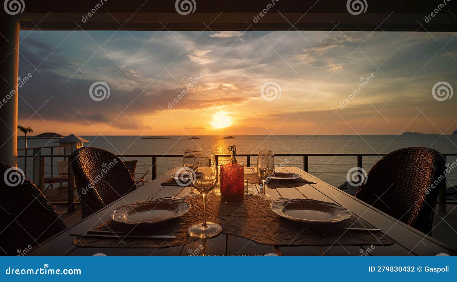 Seascape View Under Sunset Light with Dining Table, Generative AI Stock ...