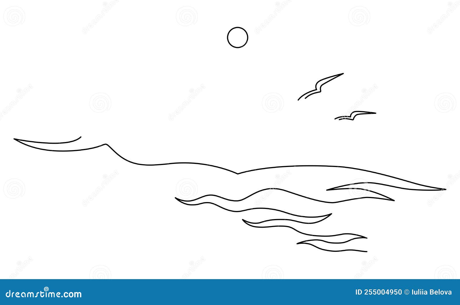 Seascape with Waves, Seagulls and Sun. Continuous Line Drawing Stock ...