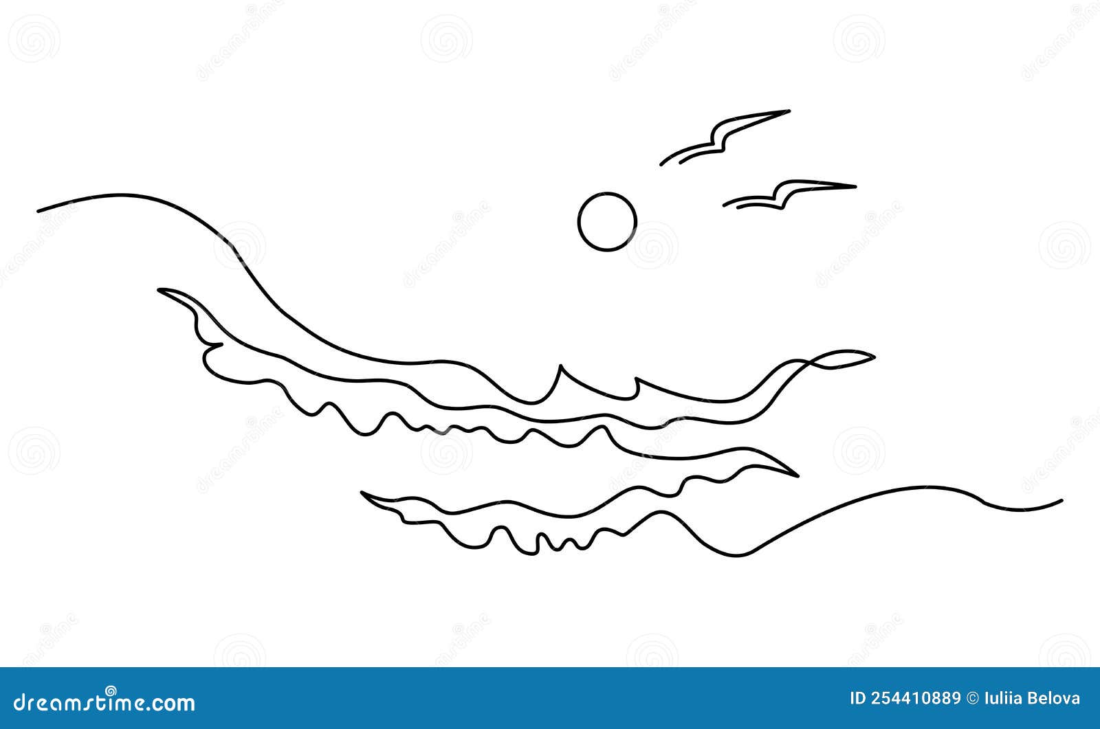 Seascape with Waves, Seagulls and Sun. Continuous Line Drawing Stock ...