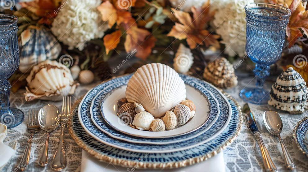 Seashell Centerpiece on a Blue and White Table Setting Stock ...