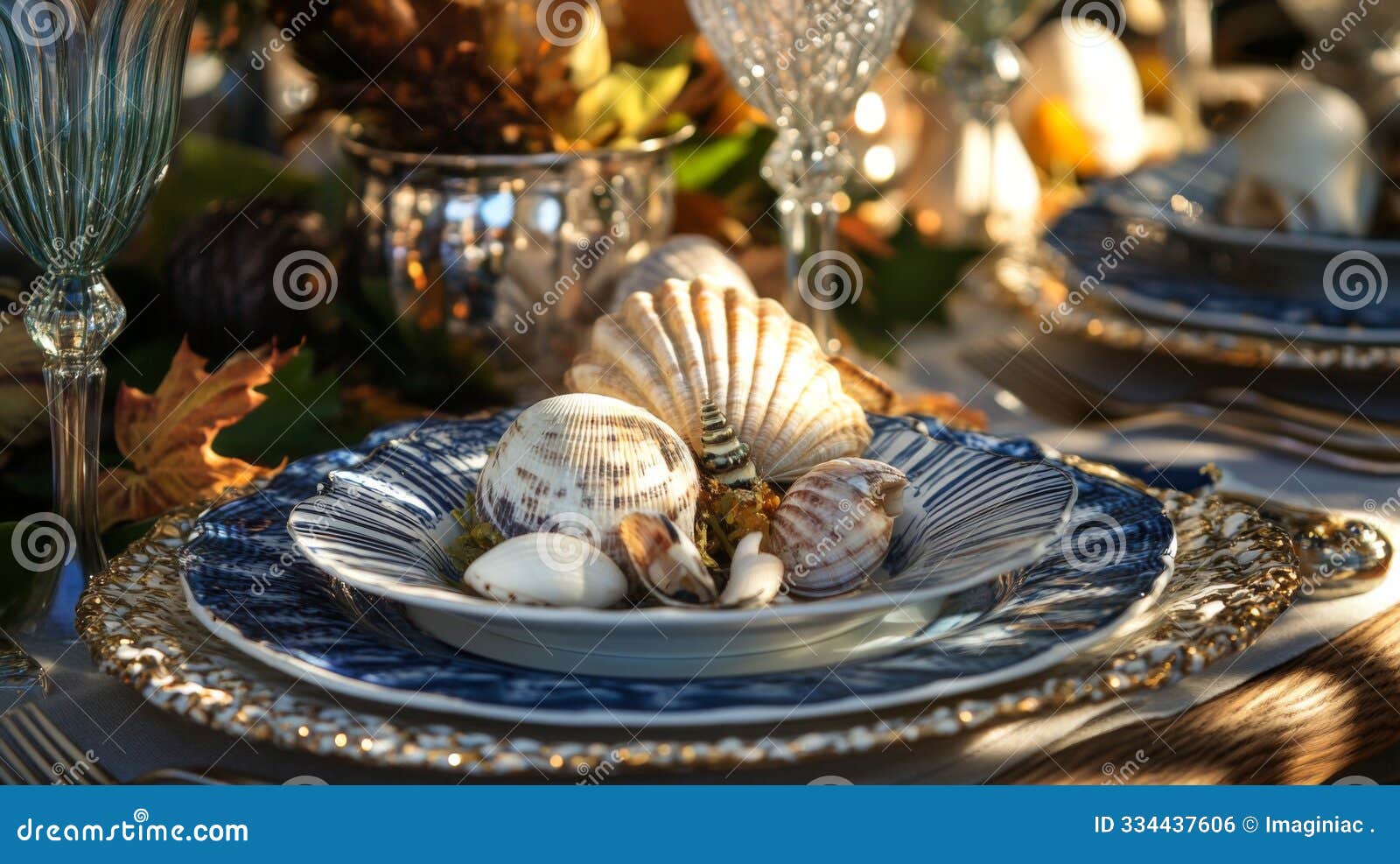 Seashell Centerpiece On Stacked Plates With Blue Glassware Royalty-Free ...