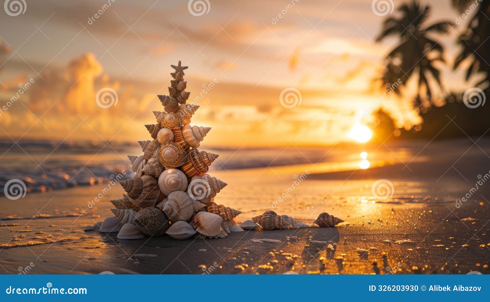 Seashell Christmas Tree on Tropical Beach at Sunset with Palm Trees ...