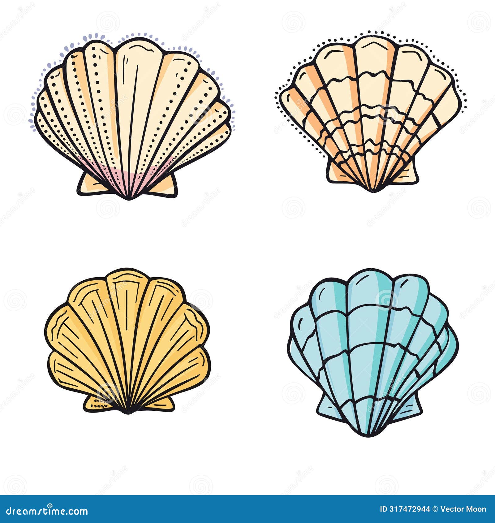 Seashell Collection Features Various Colorful Scallop Shells. Set Sea ...