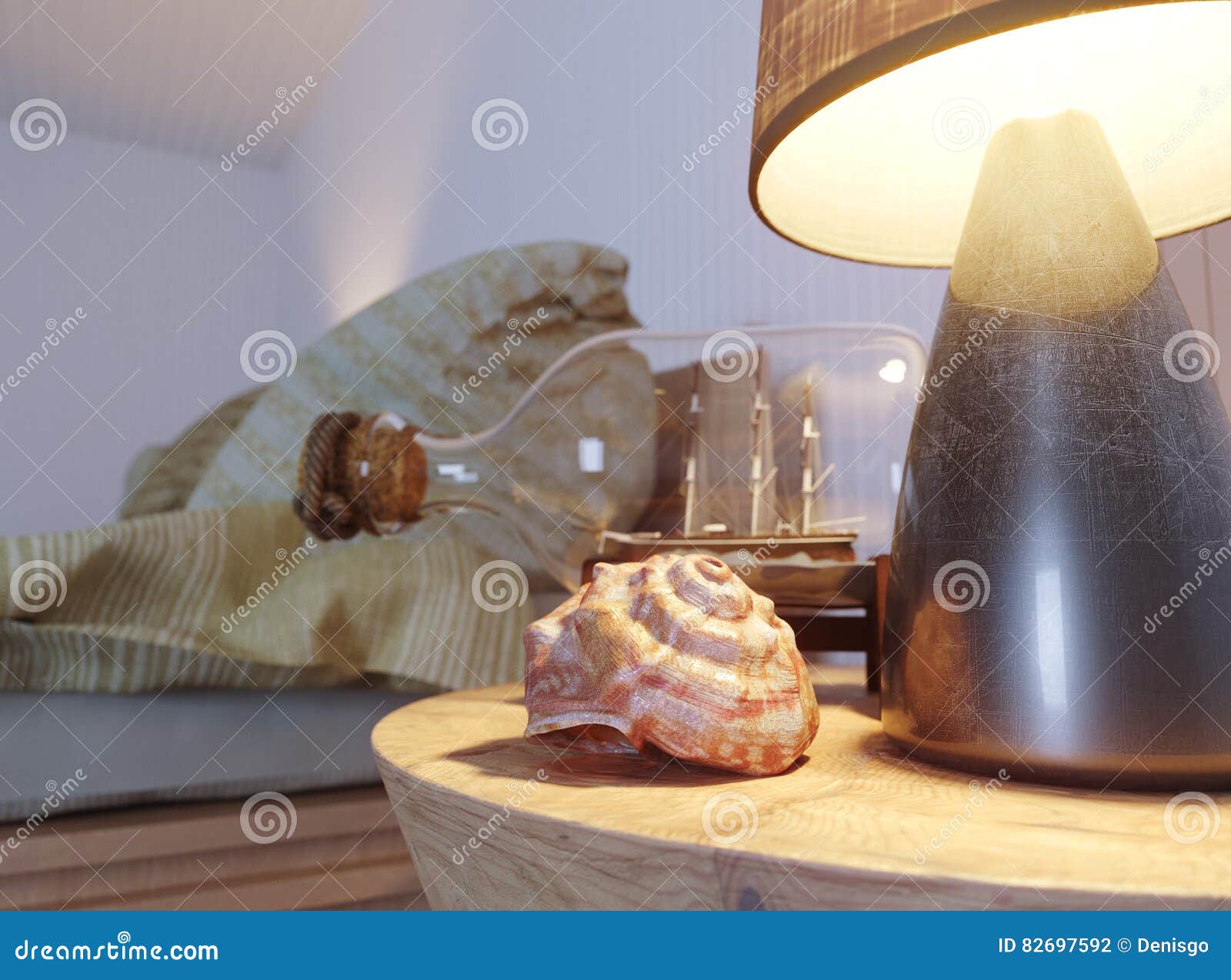 Seashell in Interior Scene with Lamp and Ship in the Bottle Stock Photo ...