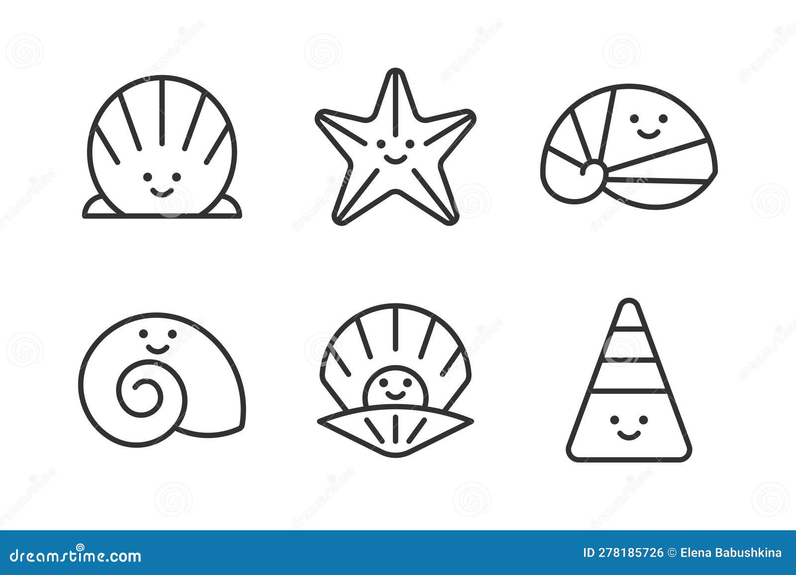 Seashell Line Icon Set. Cute Shells Vector Collection with Smiling ...