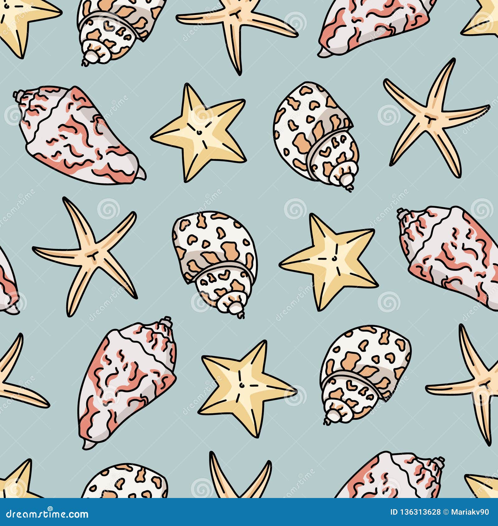 Seashell Pattern on Neutral Background. Seamless Illustrations of ...