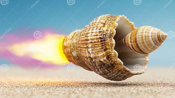 Seashell Rocket: Imaginative Surrealism on Sandy Beach Stock Photo ...