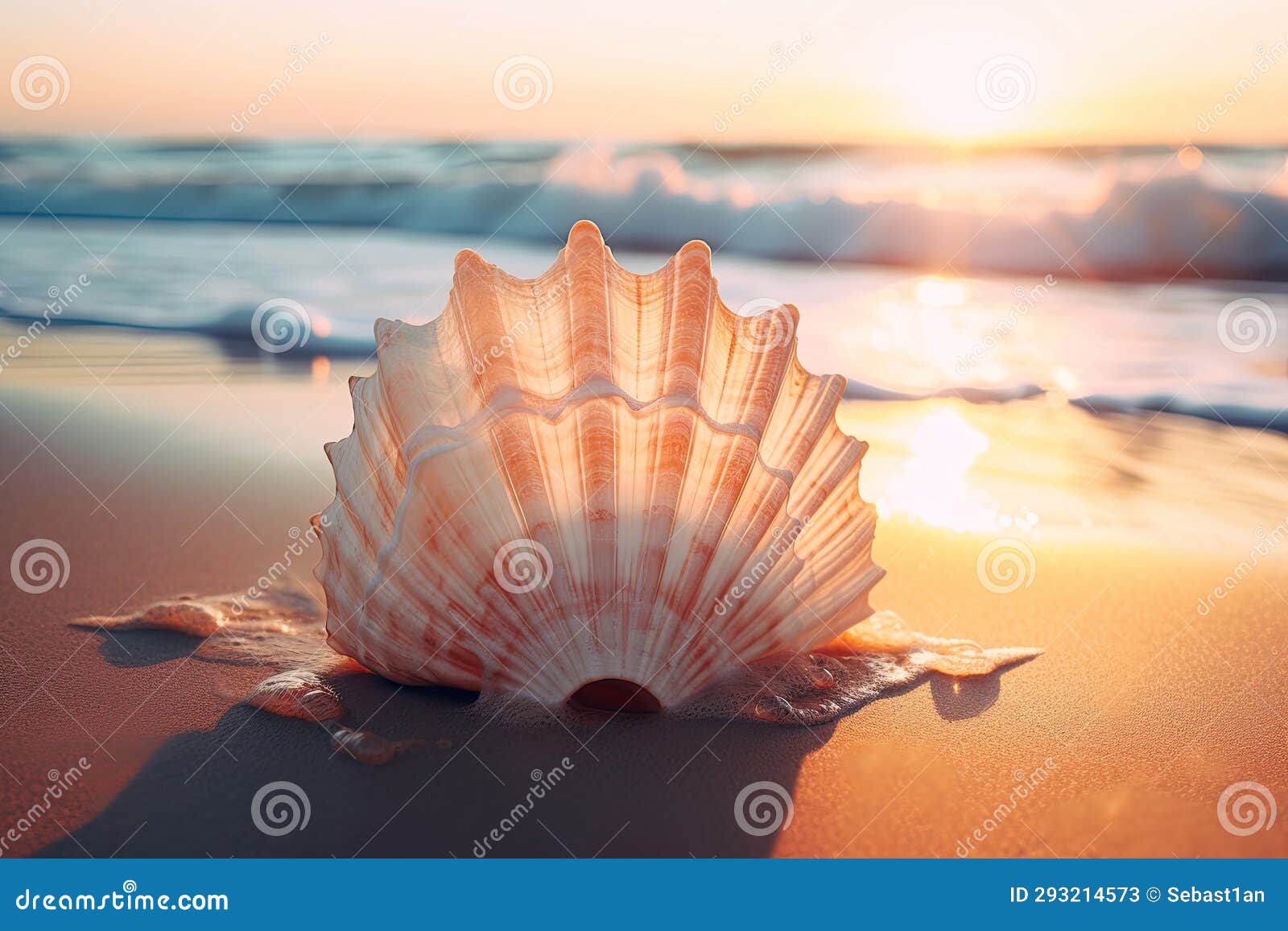 Seashell on a Sandy Beach, with the Backdrop of a Great Sunset Over the ...