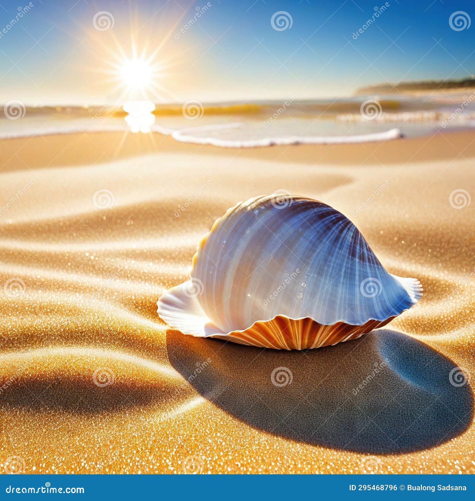 A Seashell on a Sandy Beach with the Sun Shining in the Stock ...