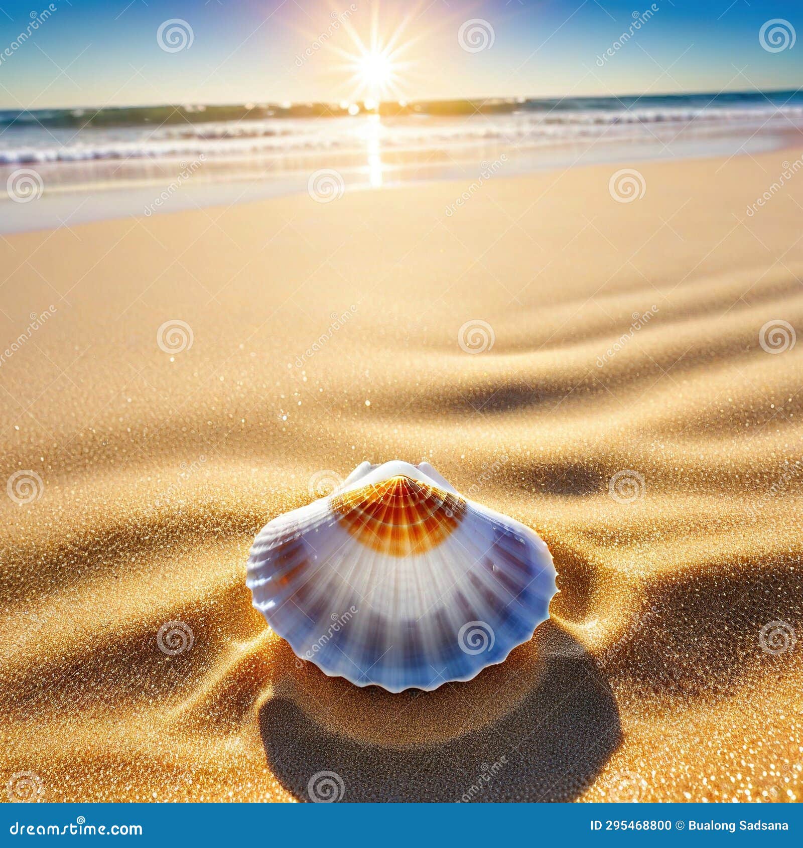 A Seashell on a Sandy Beach with the Sun Shining in the Stock ...