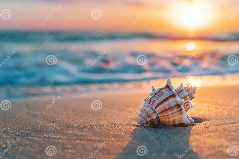 Seashell on Sandy Beach with Sunset in Background, Waves and Light ...