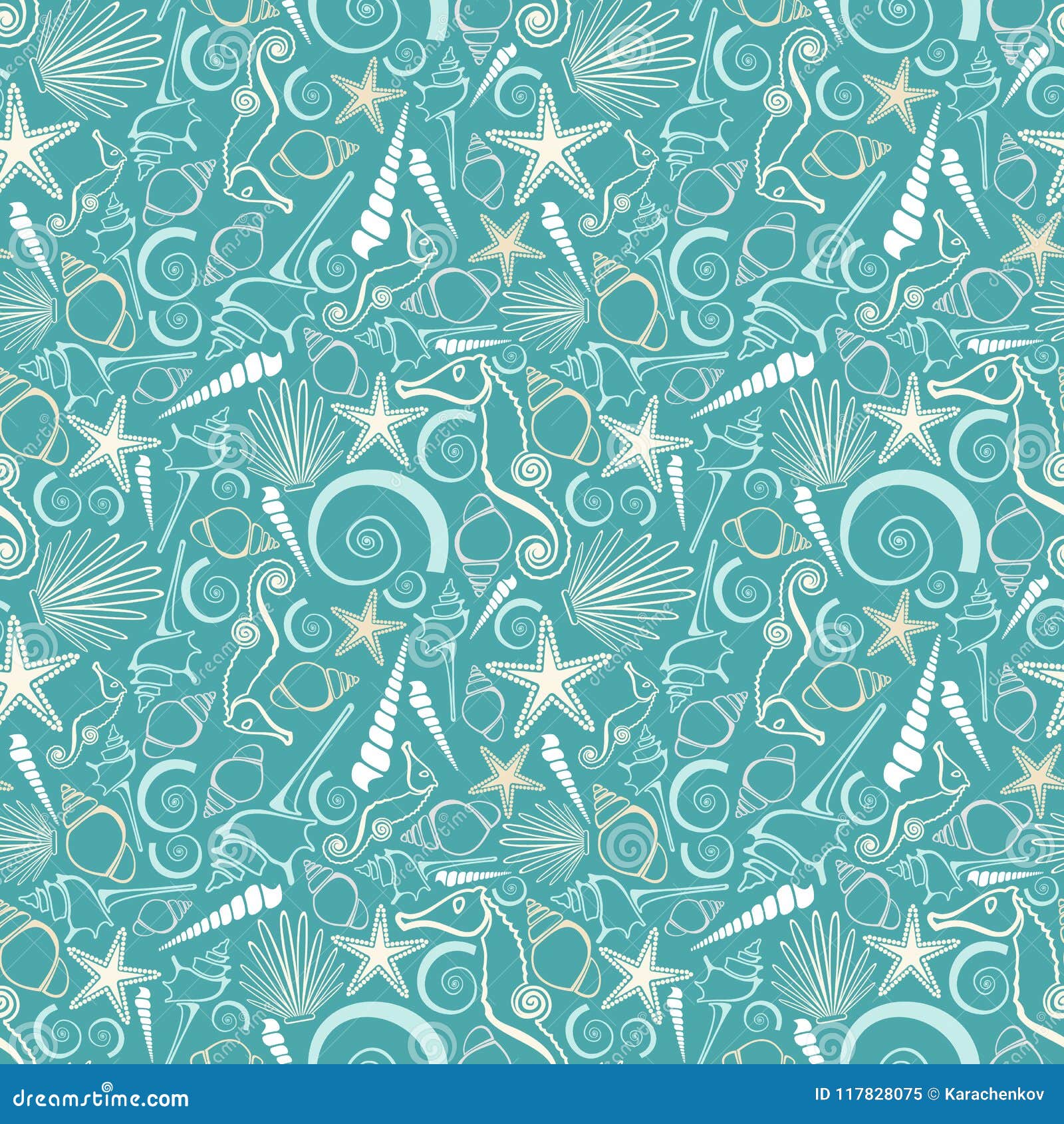 Seashell Seamless Pattern in Light Blue Colors Stock Illustration ...
