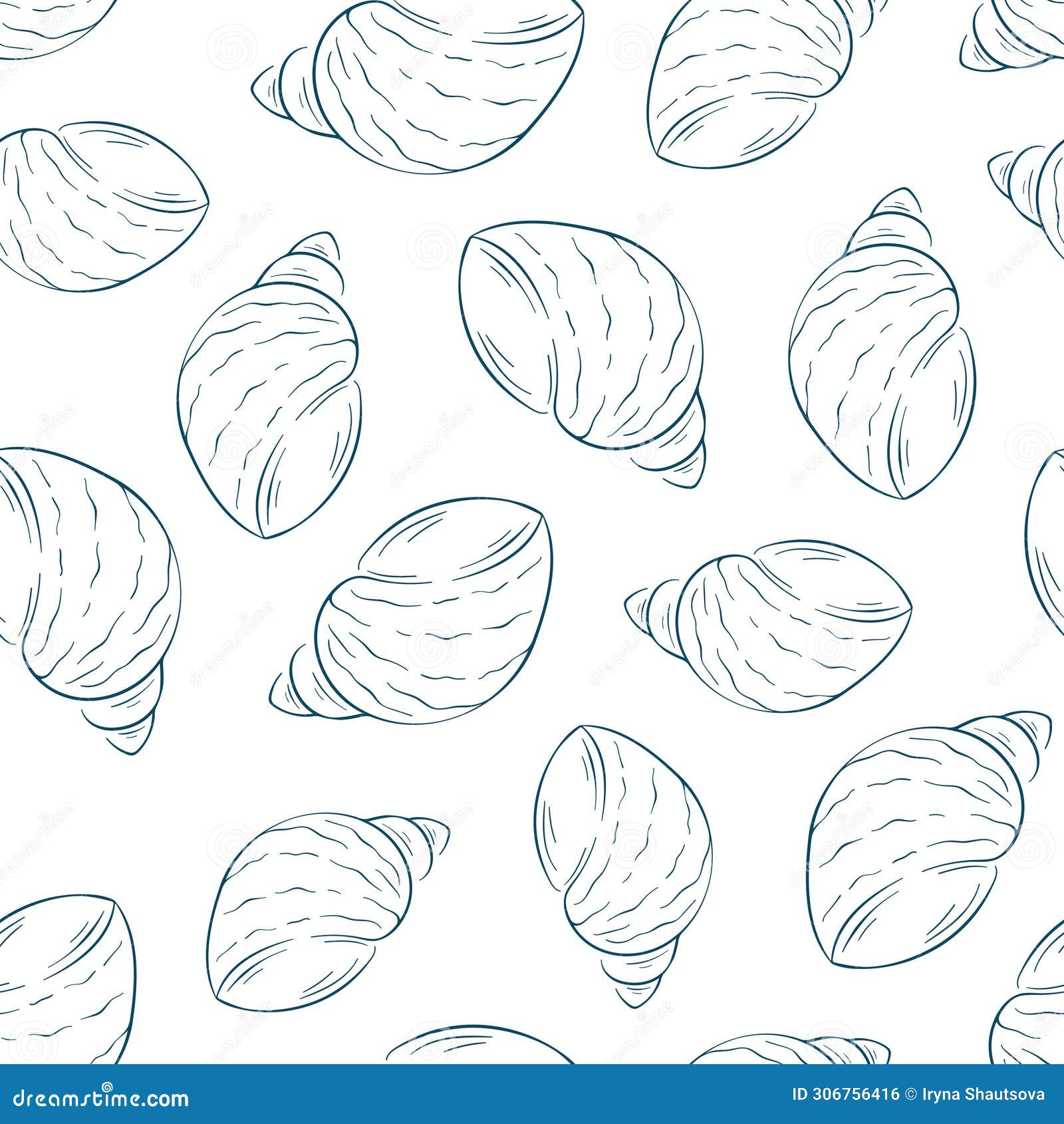 Seashell Seamless Pattern in Line Art Style. Undersea Shell Repeat ...