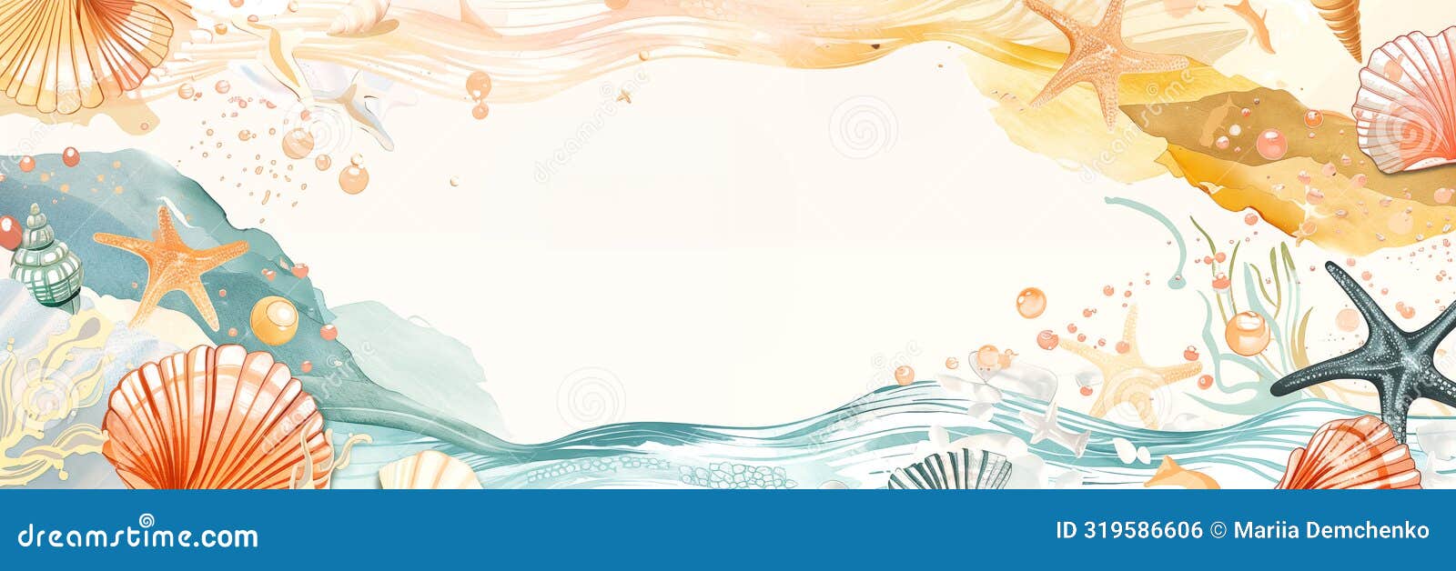 Seashell and Starfish Frame Banner with Wave Pattern Background ...