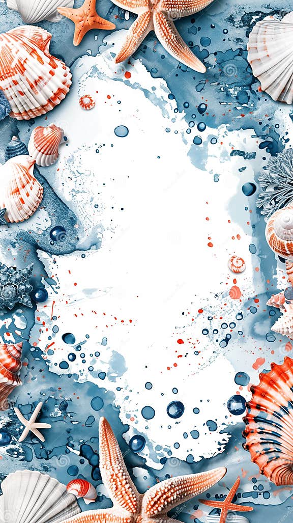 Seashell and Starfish Frame with White Space and Aquatic Elements Stock ...