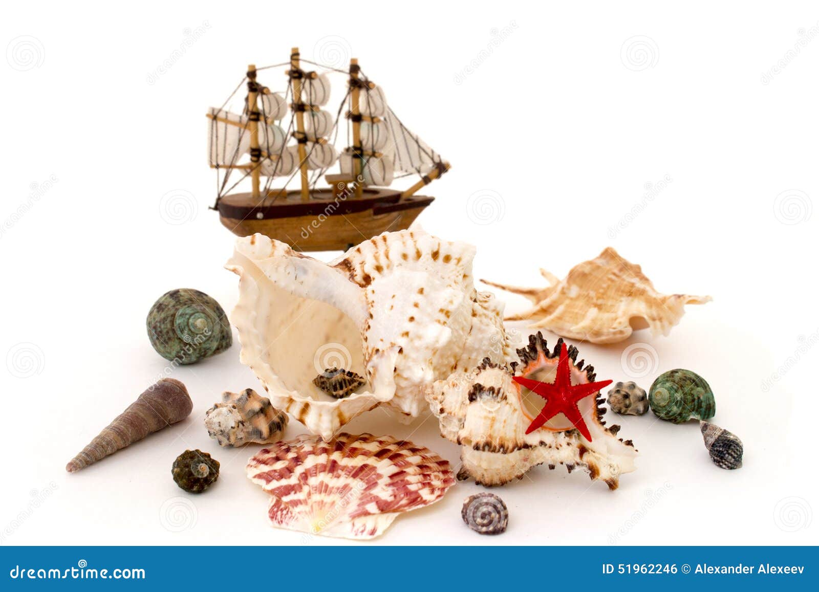 Seashell and Toy Ship Isolated White Stock Photo - Image of vacations ...