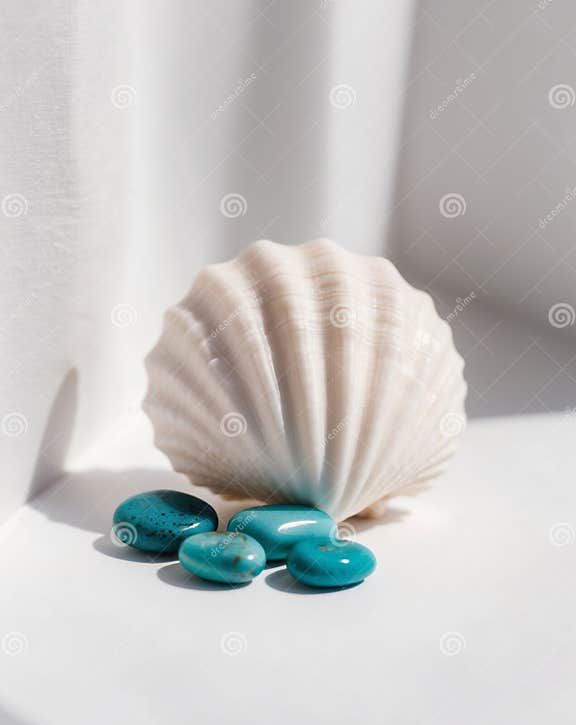 Seashell and Turquoise Stones on a Light Background. Stock Image - Image of light, sapphire ...
