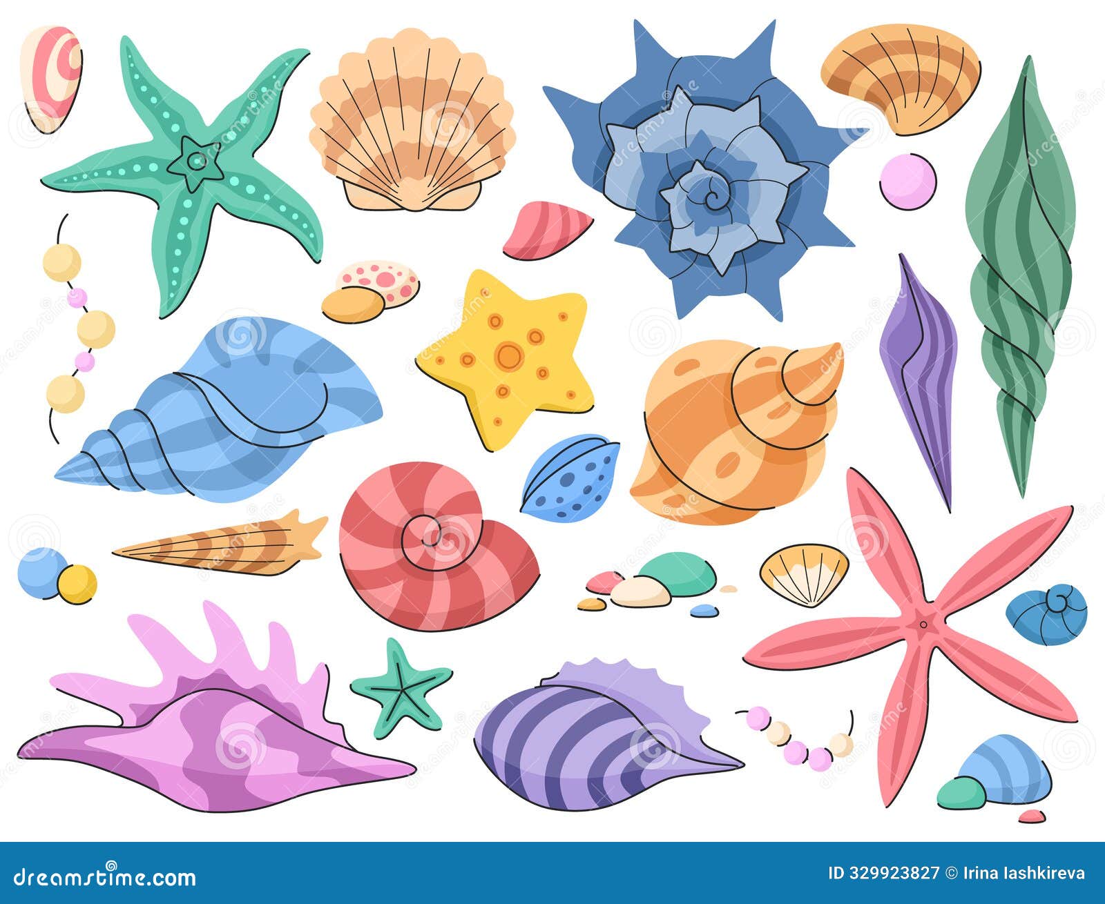 Seashells Collection. Vector Flat Cartoon Illustration. Summer Travel ...