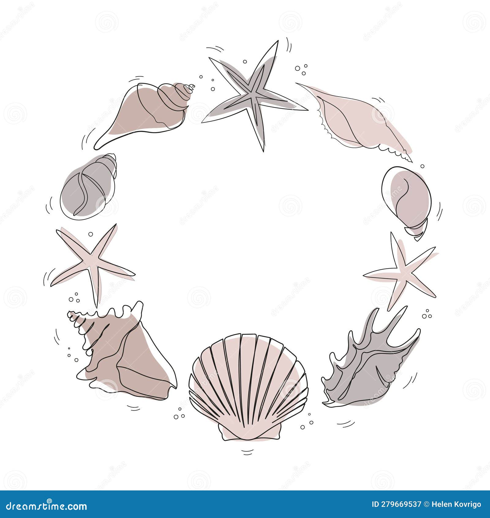 Seashells Frame in Doodle Style. One Line Drawing of a Shell Stock ...