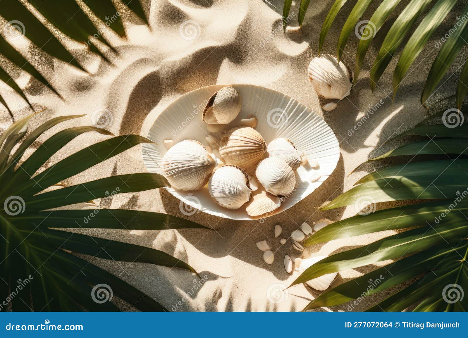 Seashells and Palm Leaves on Tropical Beach Background. Generative Ai ...