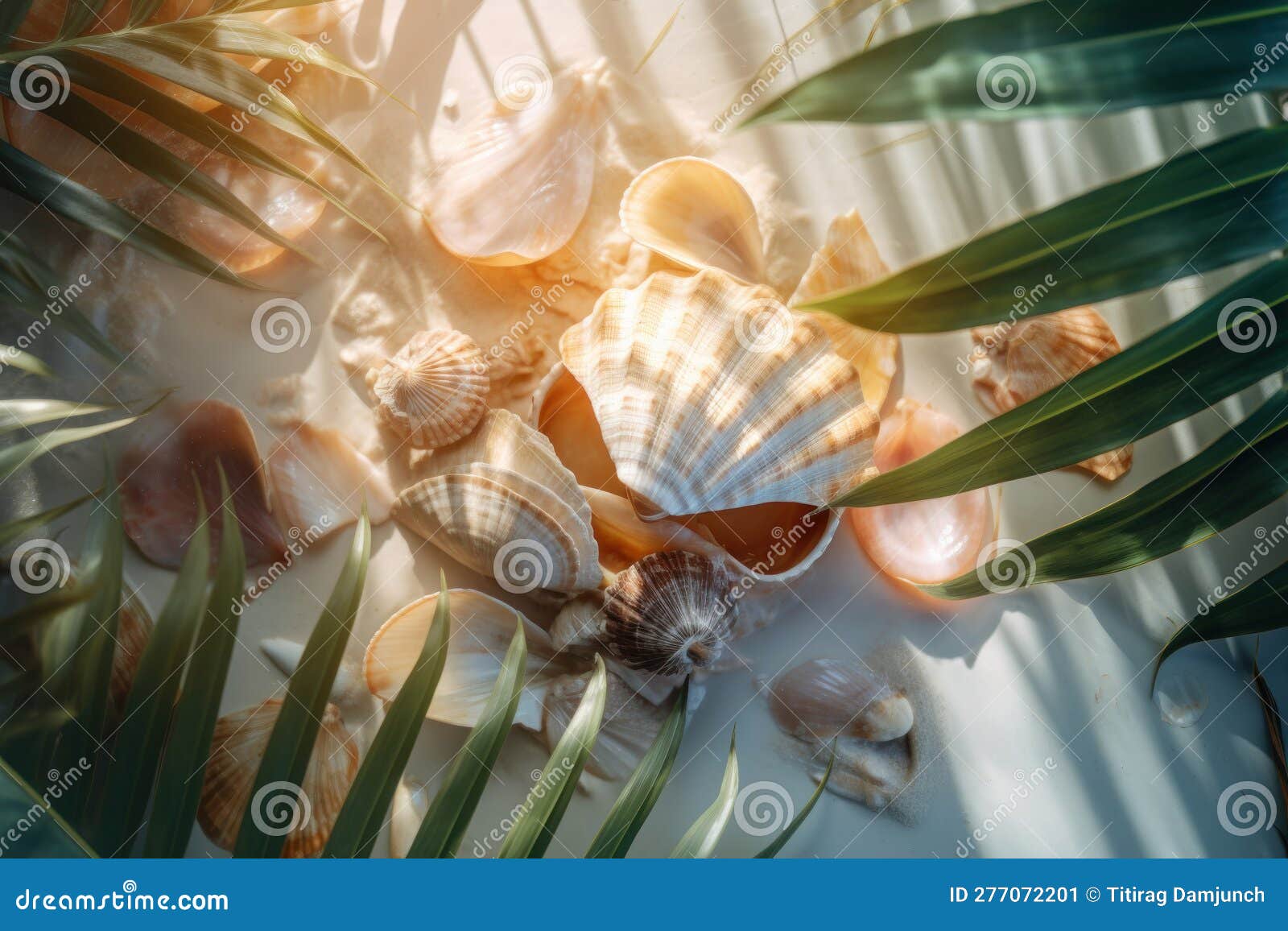 Seashells and Palm Leaves on Tropical Beach Background. Generative Ai ...