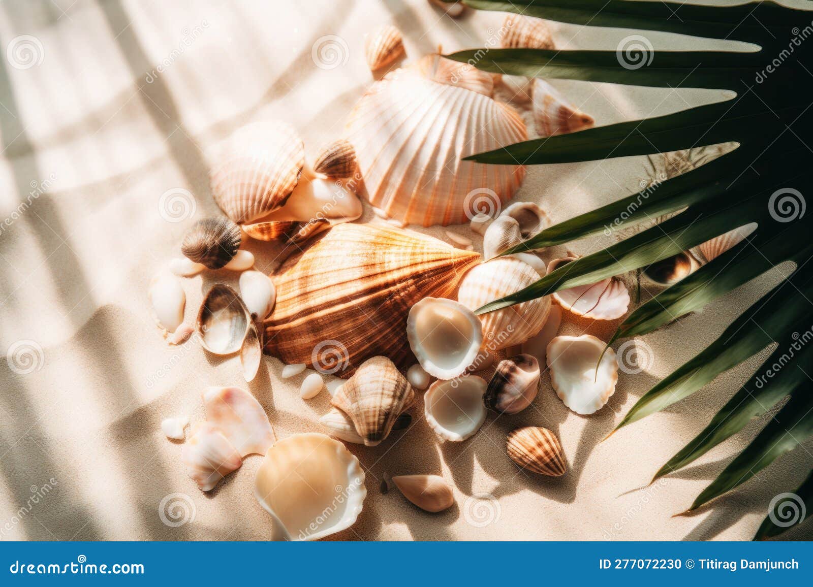 Seashells and Palm Leaves on Tropical Beach Background. Generative Ai ...
