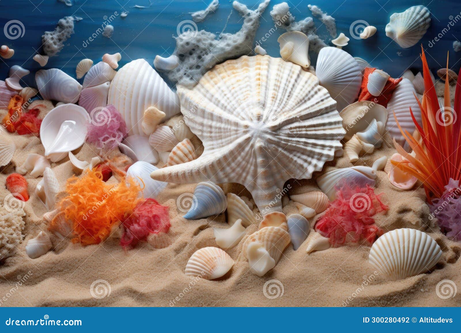 Seashells and Plastic Debris Mixed Together on the Beach Sand Stock ...