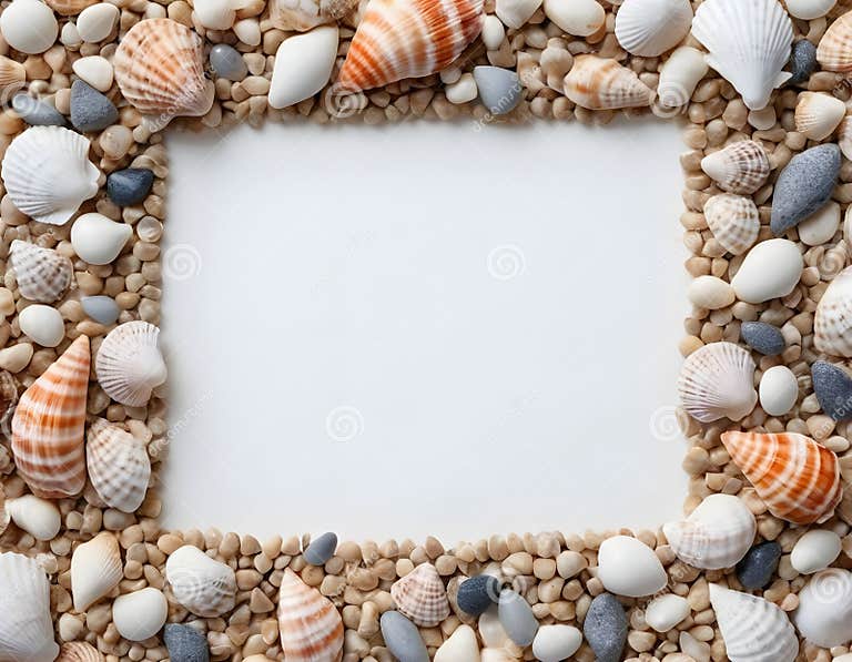 Seashells and Sand Frame on a White Background Stock Illustration ...