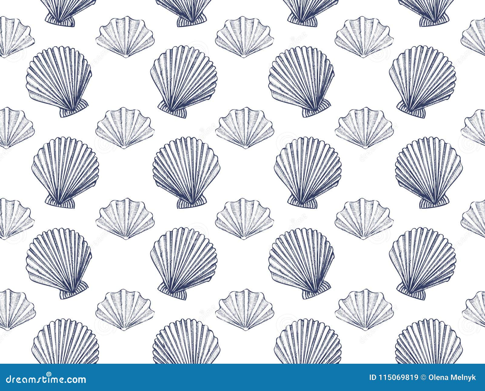 Seashells Vector Seamless Pattern. Monochrome Blue Background. Stock ...