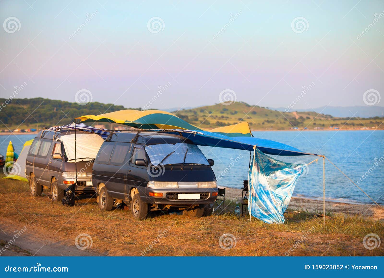 Seashore Camping with Two Vans Stock Photo - Image of beach, summer ...