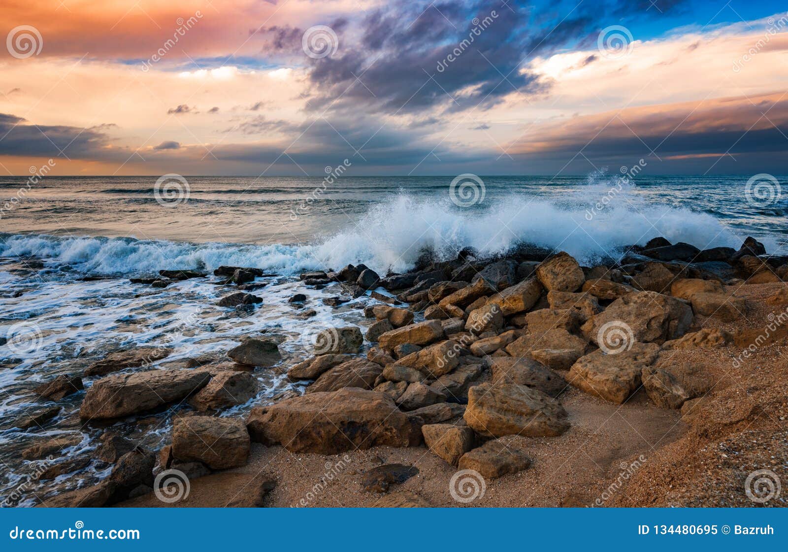 Seashore with Cliffs, Waves Crashing on Rocks Stock Image - Image of ...