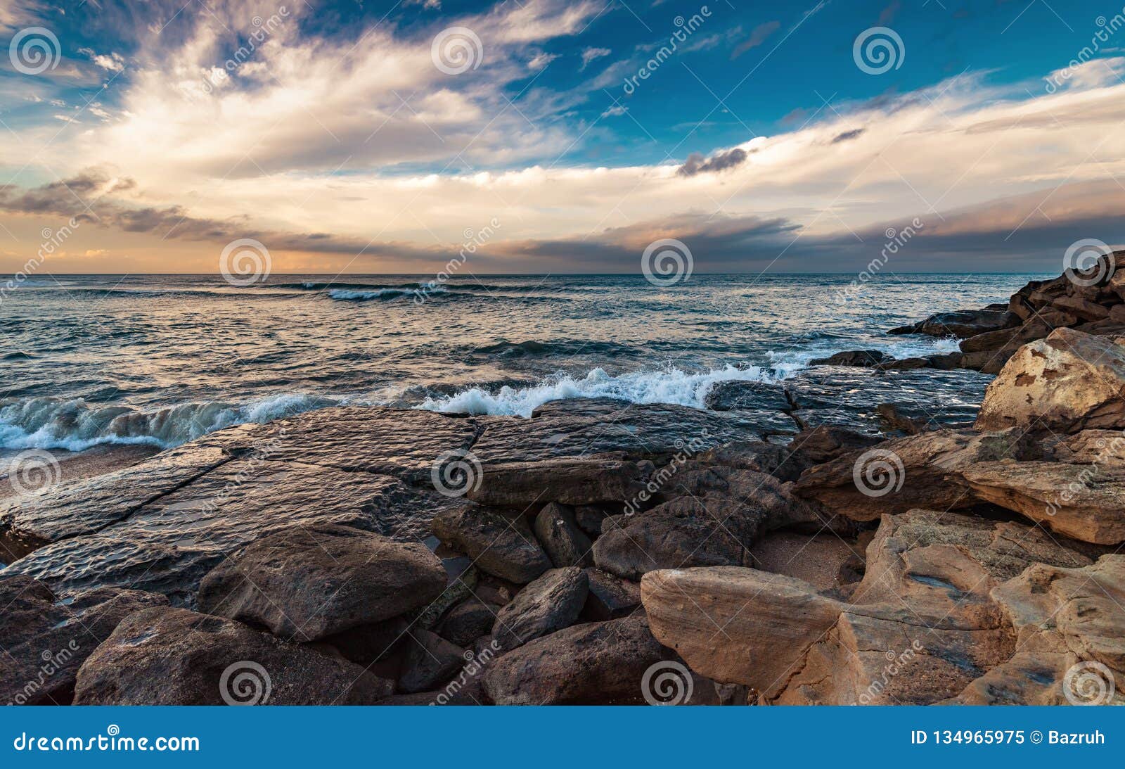 Seashore with Cliffs, Waves Crashing on Rocks Stock Image - Image of ...